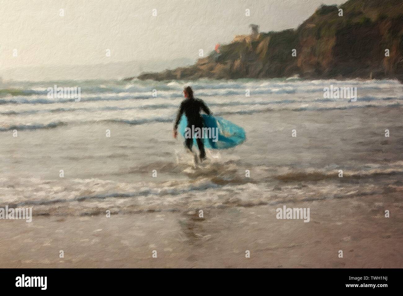 Man heading out to the Devon surf with surf board Stock Photo - Alamy