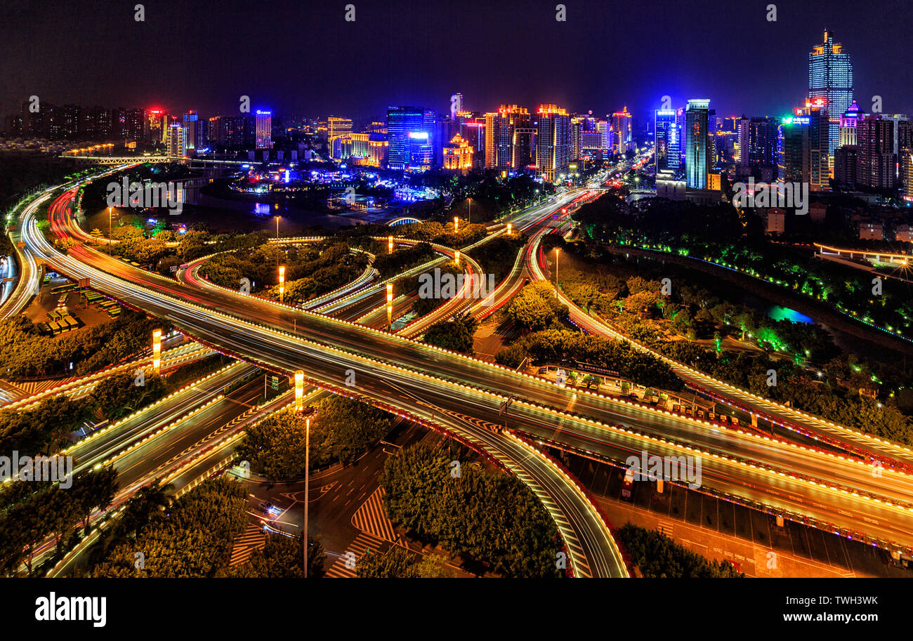 City night view, sunset, overpass, light rail Stock Photo - Alamy