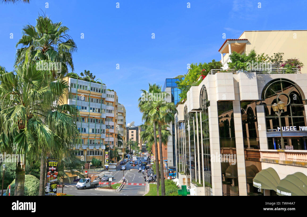 Fontvieille, Monaco - June 13, 2014: beautiful buildings and palm trees ...