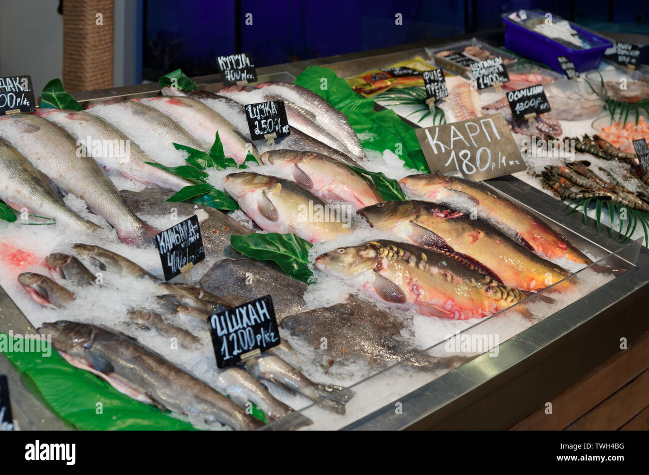 Fish on iced market display Stock Photo - Alamy