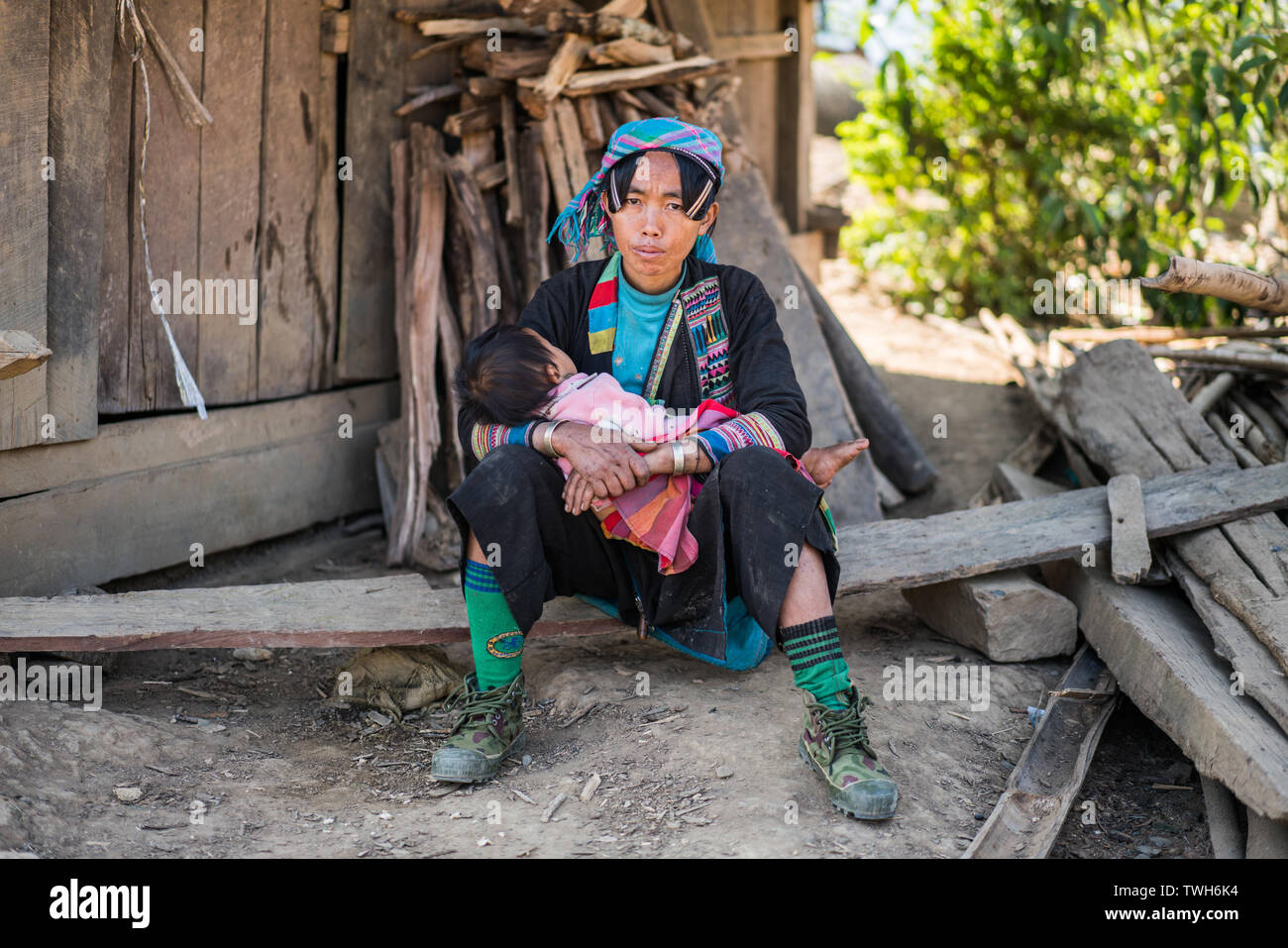Portrait of the woman Akha Pixor ethnicity, Phongsali, Laos, Asia Stock ...