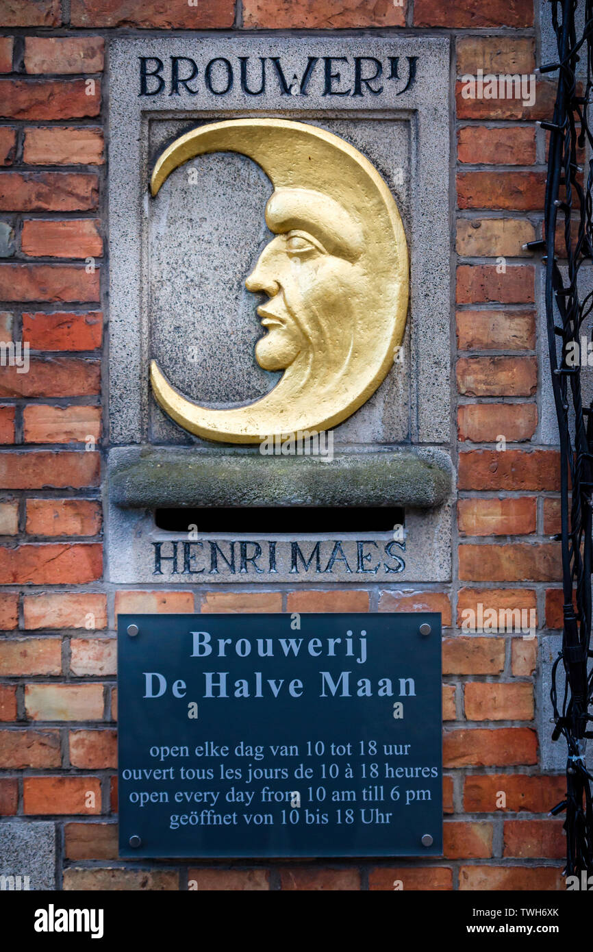 Door sign for the Halve Maan Brewery in Bruges, Belgium on 4 December ...