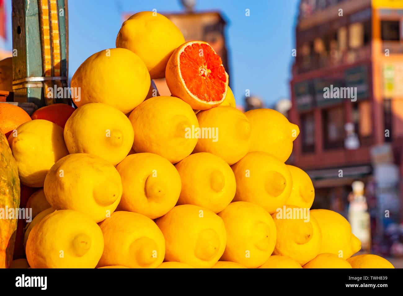 Big Lemons at market in Marrakesh, Morocco. Yellow tropical fruits in ...