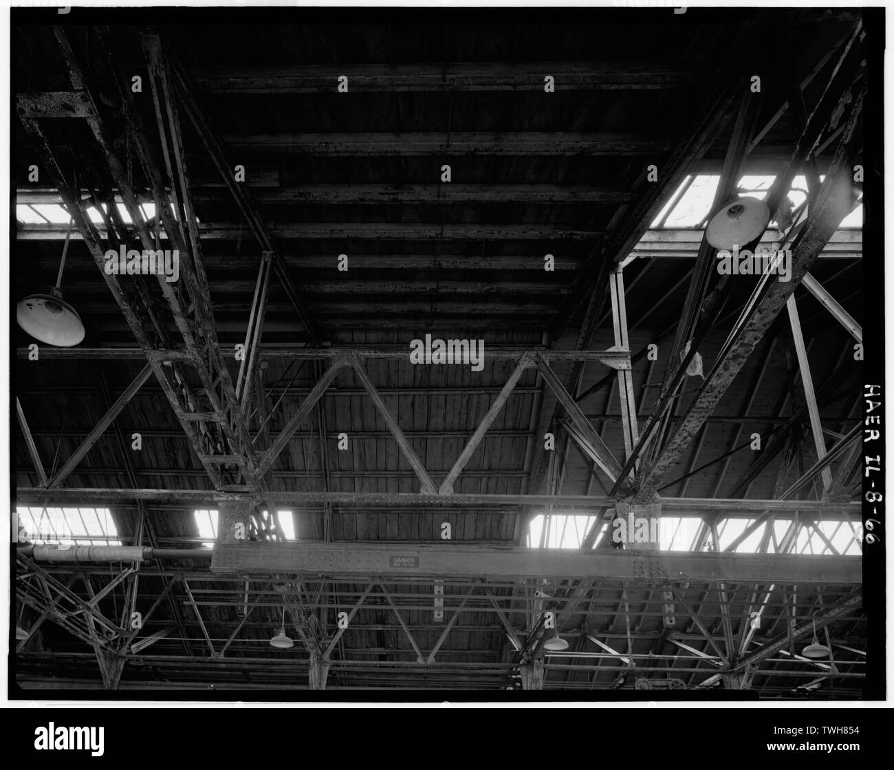 Rod shop, roof and truss detail showing older pink roof truss, newer ...