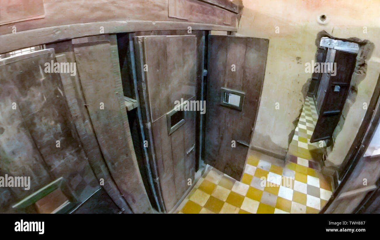 Interior of the S21 or Tuol Sleng prison used by the Khmer Rouge for ...