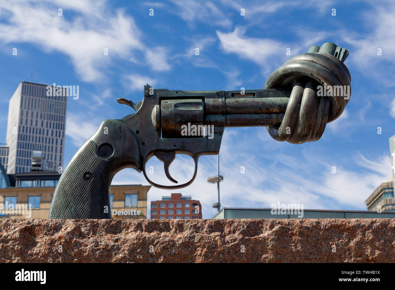 Malmo, Sweden: April 20, 2019: Statue of a gun with a knot as a non ...
