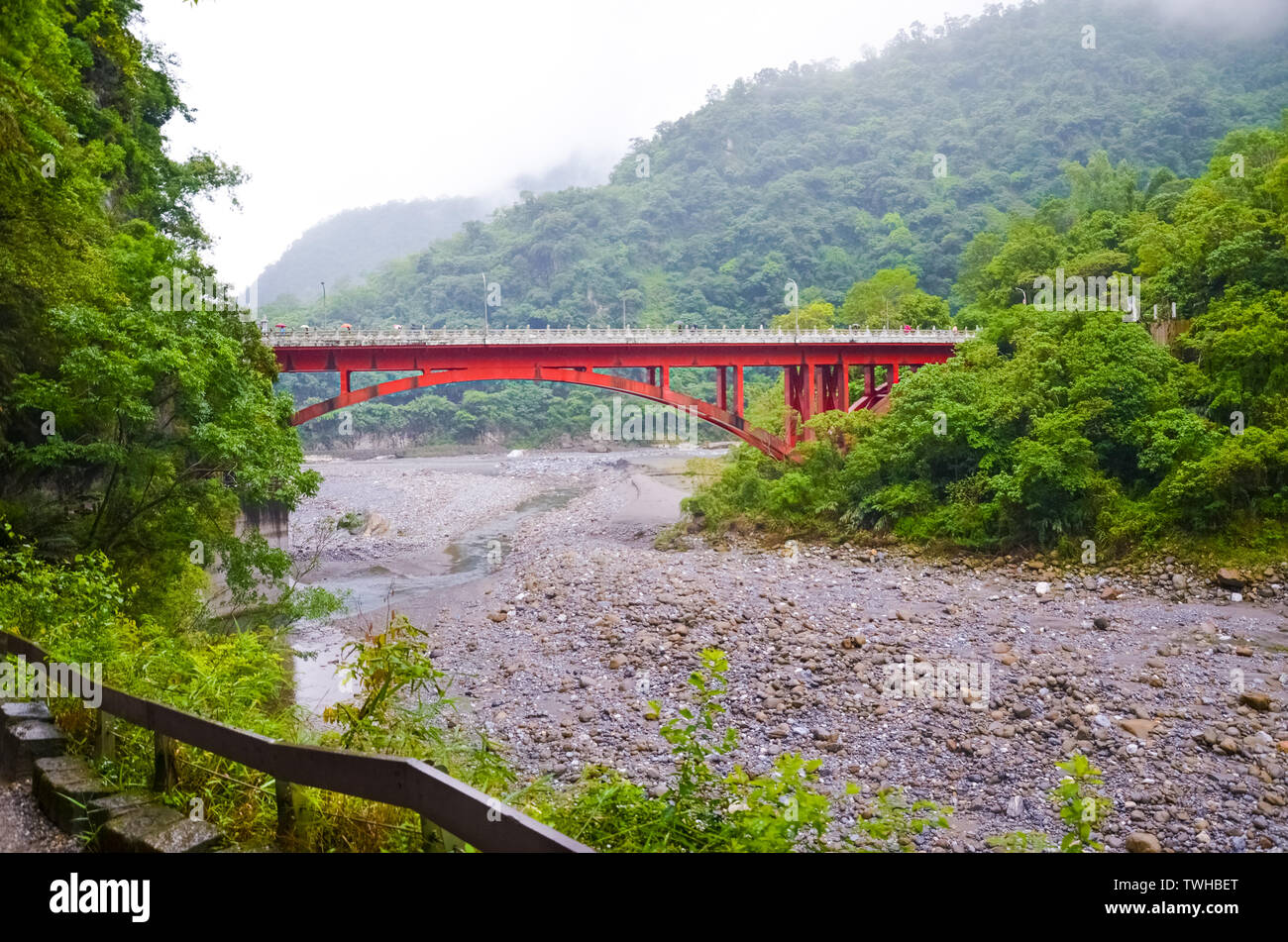 View of red bridge over river in Taroko National Park, Taiwan. Taroko ...