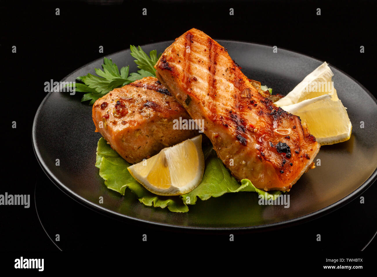 Fish, trout, chum salmon, humpback, a piece baked, grilled, with a ...