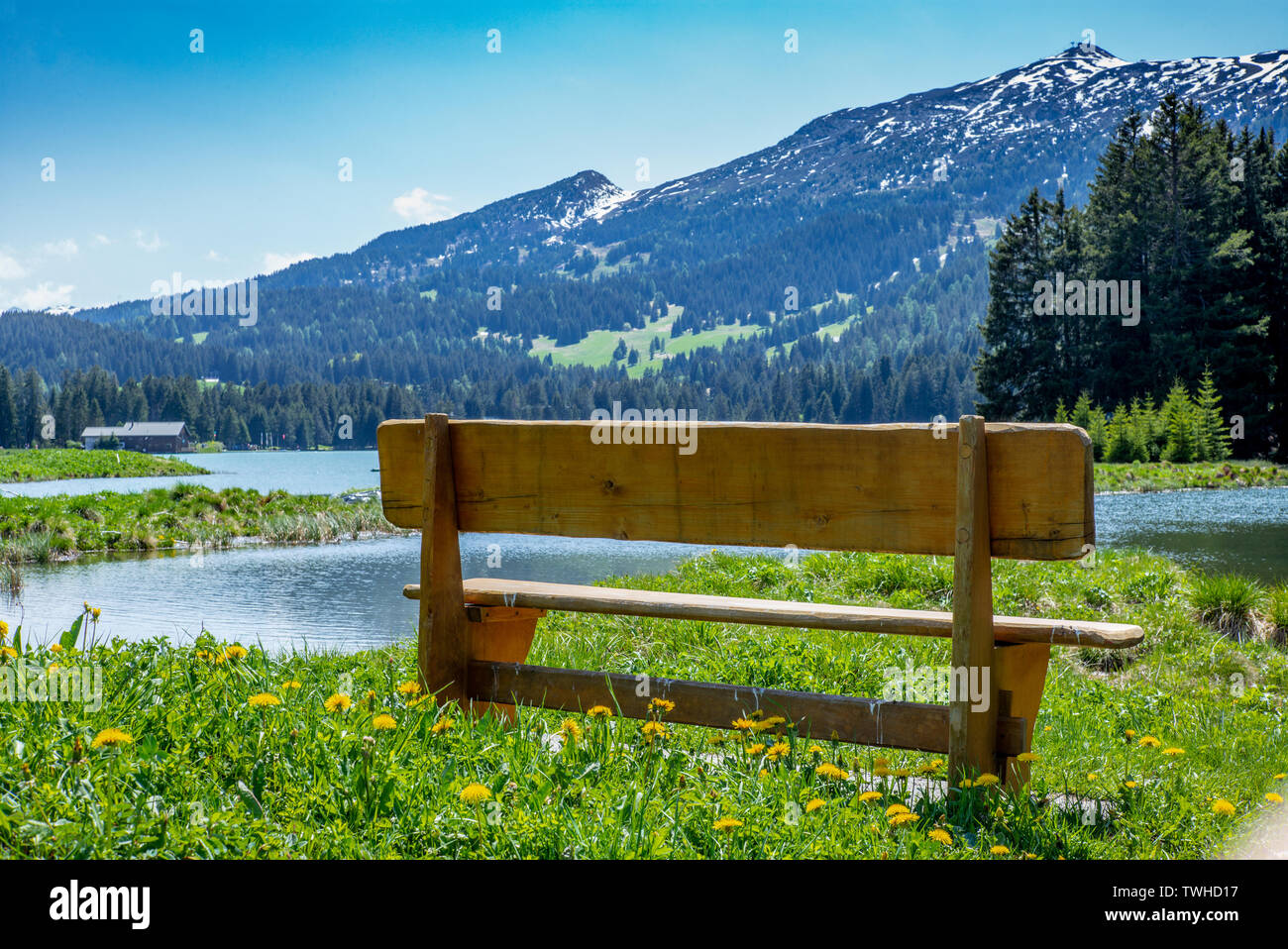 A bench with view of the Swiss Alps on the shore of a lake in Summer ...