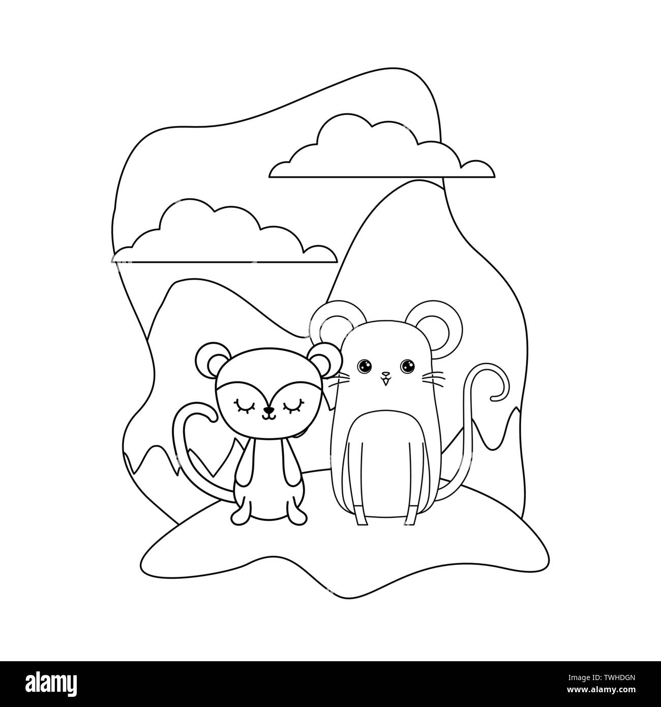 cute mouse with monkey animals in landscape vector illustration design ...