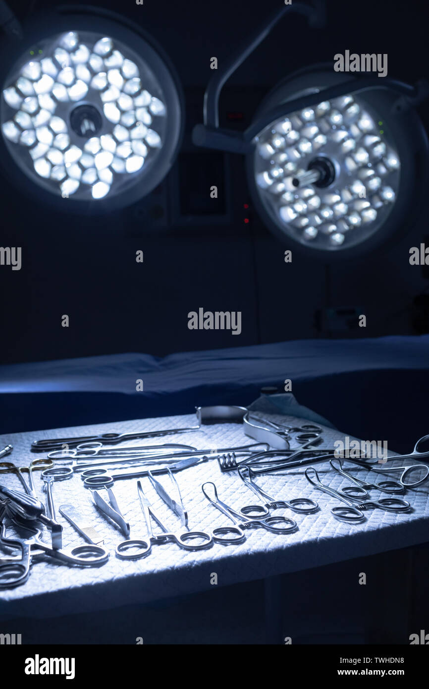 Surgical instruments on a table in operation theater Stock Photo - Alamy
