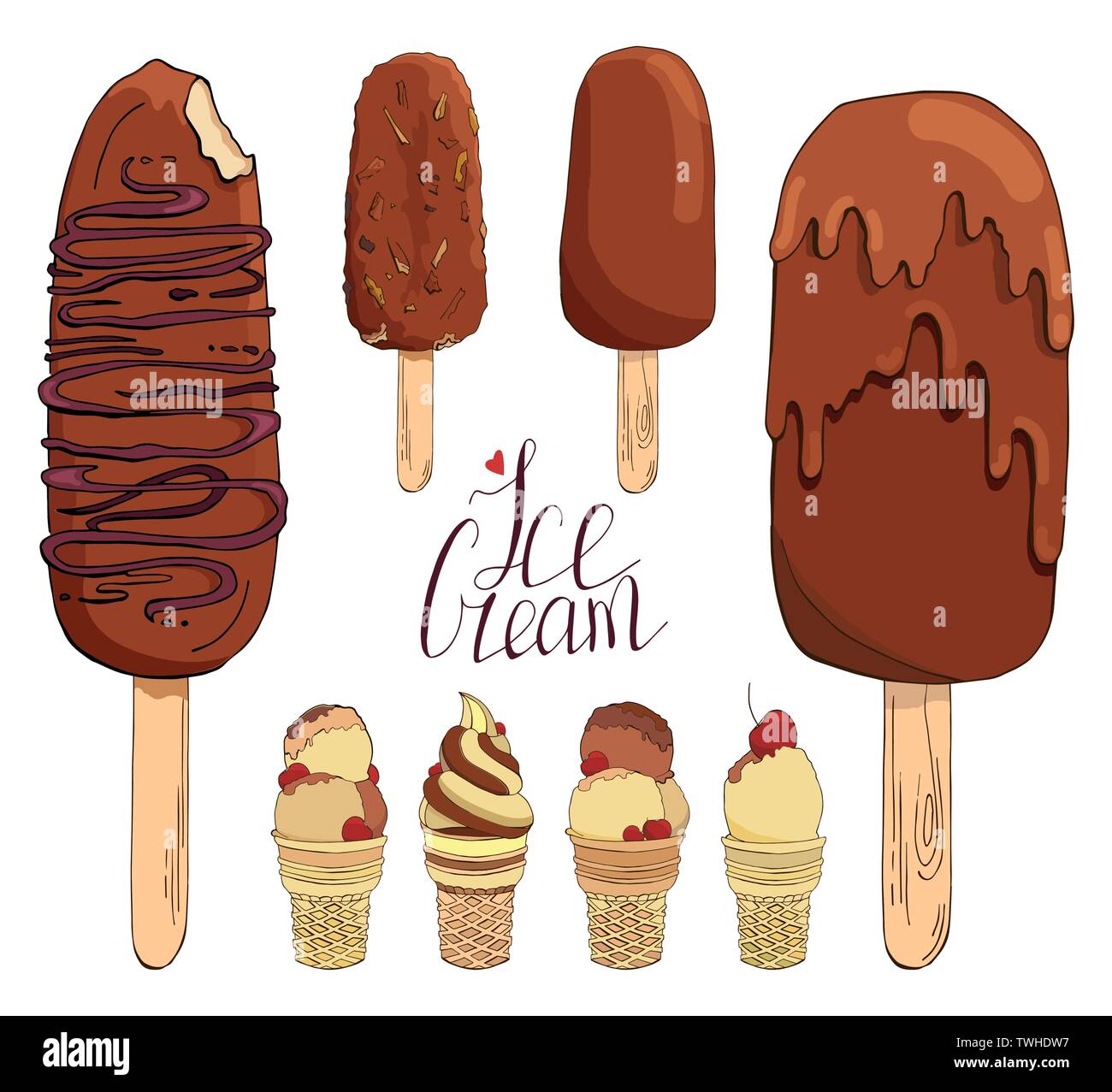 Set of hand drawn ice cream. Collection of isolated vector elements for ...