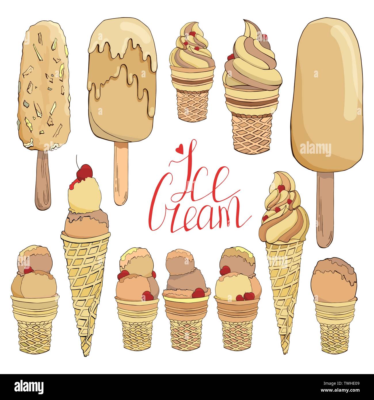 Set of hand drawn ice cream. Collection of isolated vector elements for ...