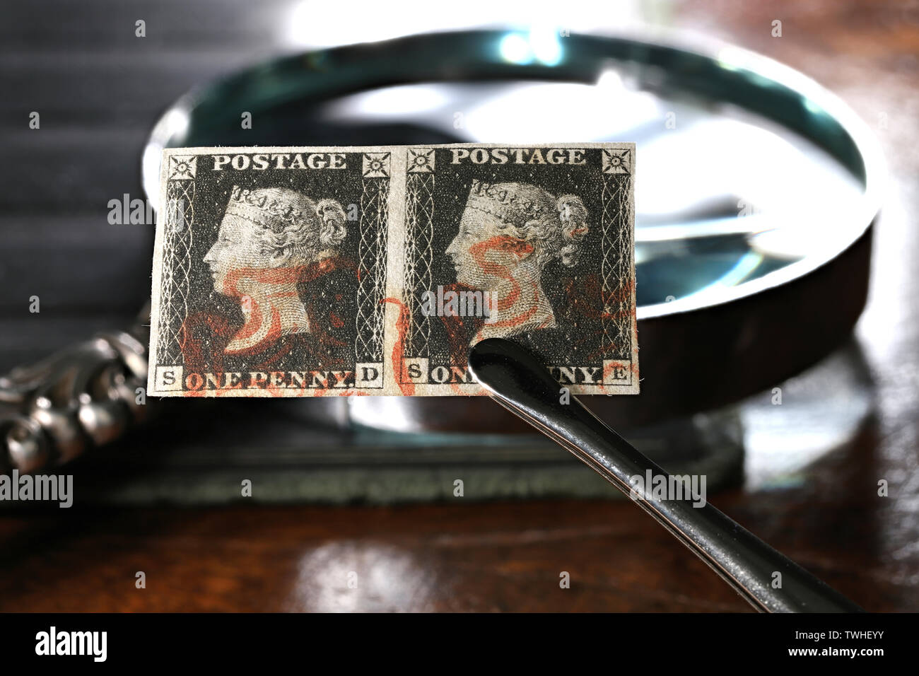 Horizontal pair of plate 1b Penny Black with red Maltese cross ...