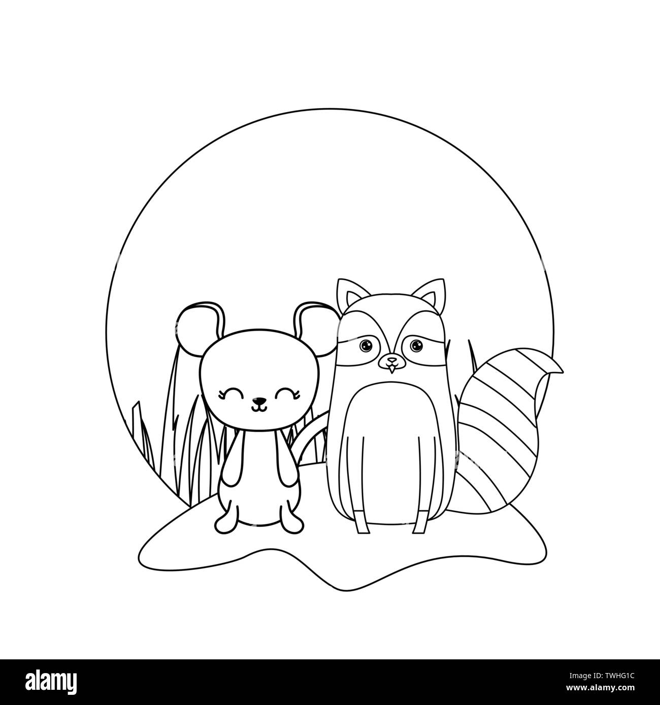 cute mouse with raccoon animals in landscape vector illustration design ...