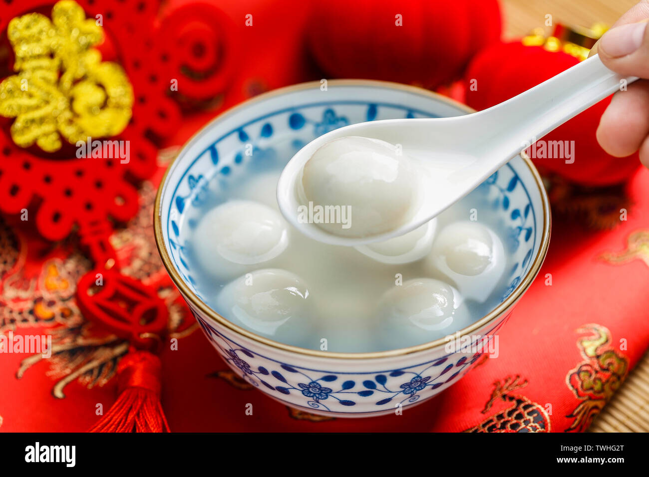 Tang Yuan placed in blue and white porcelain bowl, Lantern Festival ...