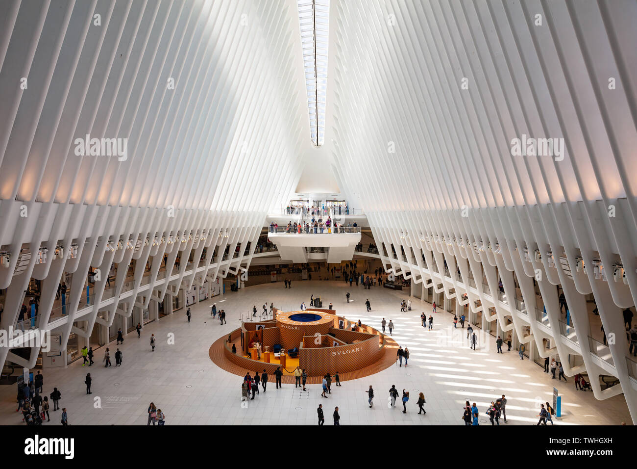 New York, USA. May 4, 2019. Manhattan. Ground Zero memorial structure ...