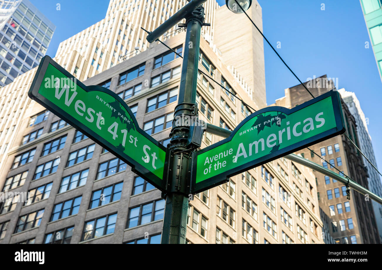 USA, New York. May 6, 2019. West 41, Avenue of the Americas street ...