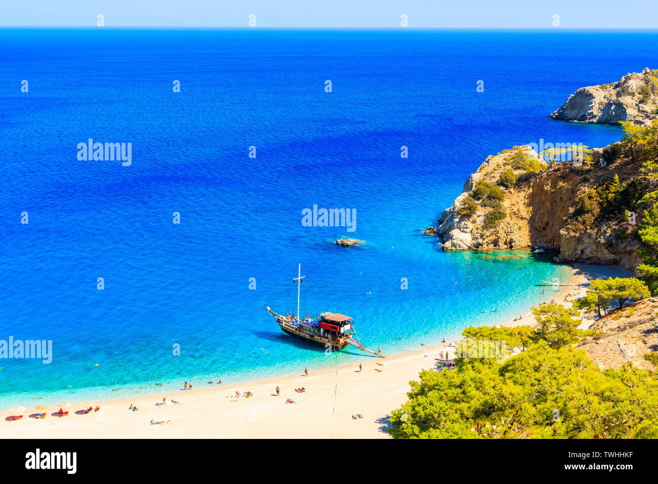 Sailing boat in beautiful bay at Apella beach, Karpathos island, Greece ...