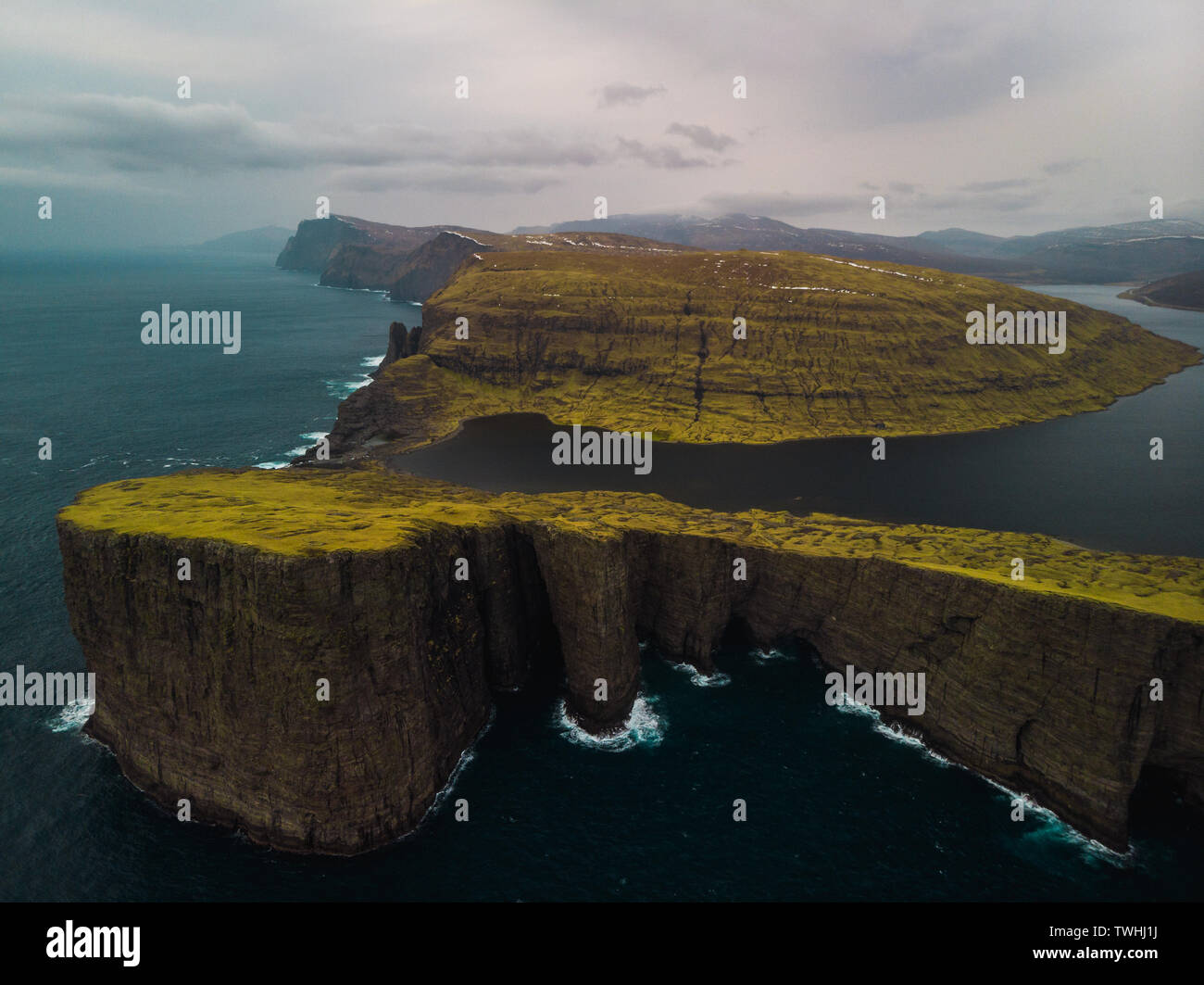 Aerial panorama view of Sorvagsvatn Lake / Leitisvatn Lake from above ...