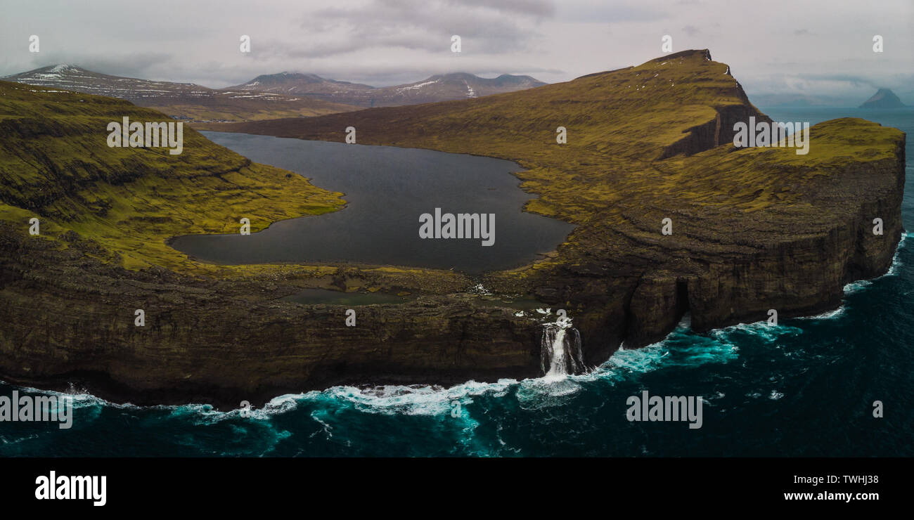 Aerial panorama view of Sorvagsvatn Lake / Leitisvatn Lake from above ...