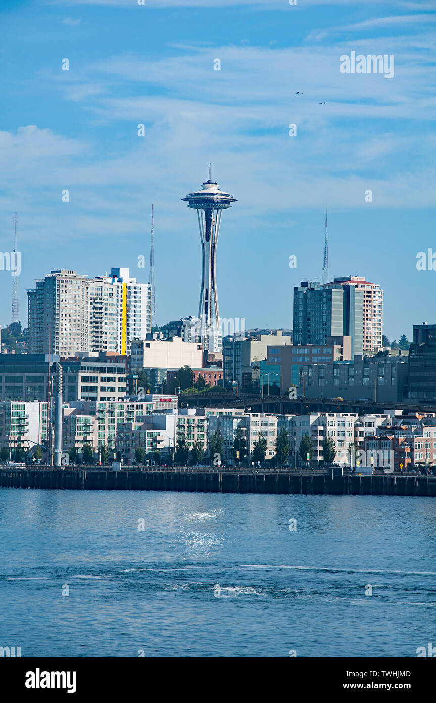 Seattle city skyline during the day on a sunny blue sky day with the ...