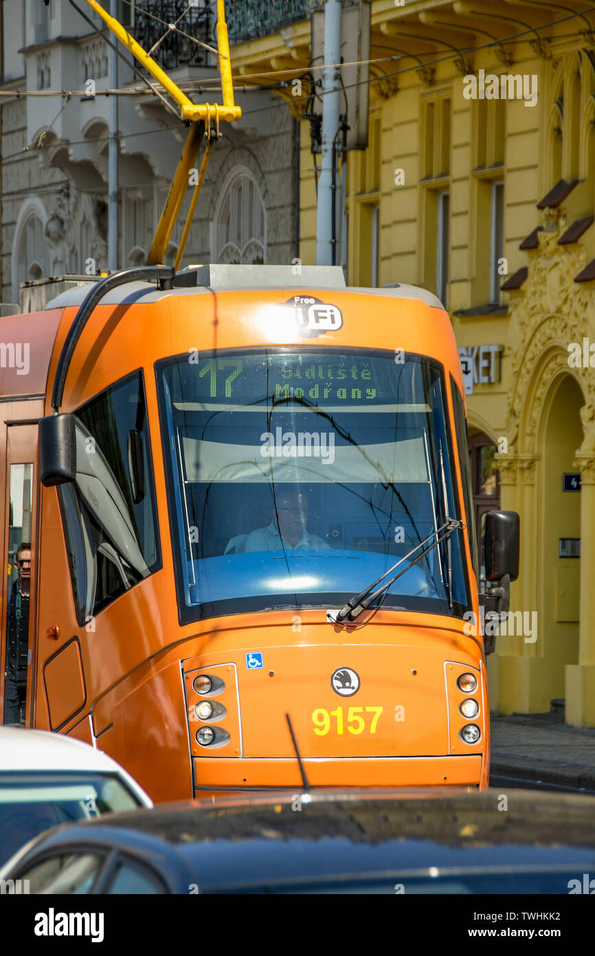 PRAGUE, CZECH REPUBLIC - AUGUST 2018: Modern electric tram running ...