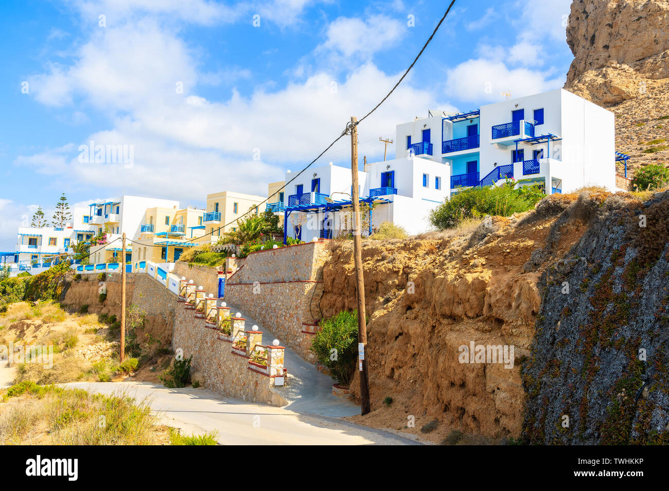 Typical white and blue colour Greek houses and apartments in Finiki ...