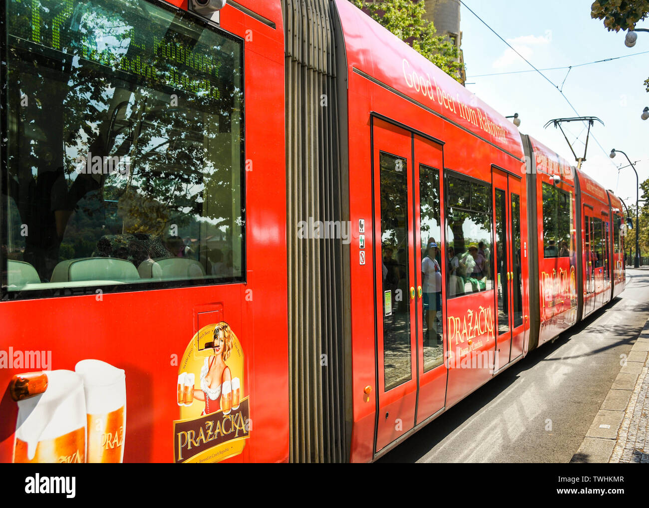 PRAGUE, CZECH REPUBLIC - AUGUST 2018: Side of a modern electric tram at ...