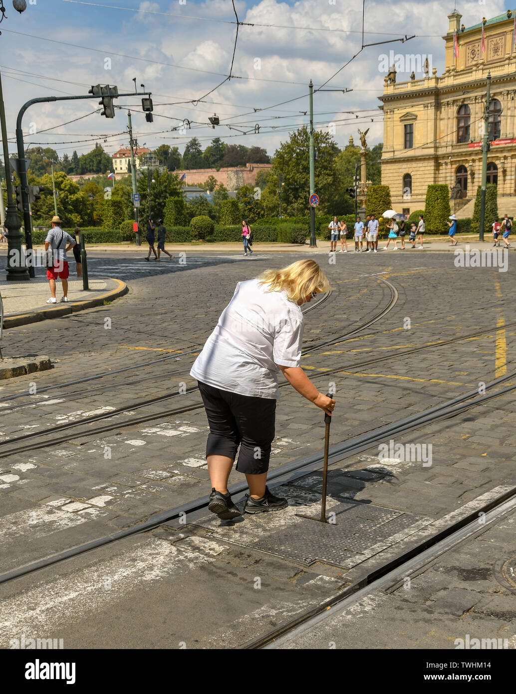 PRAGUE, CZECH REPUBLIC - AUGUST 2018: Tram driver pulling a lever to ...