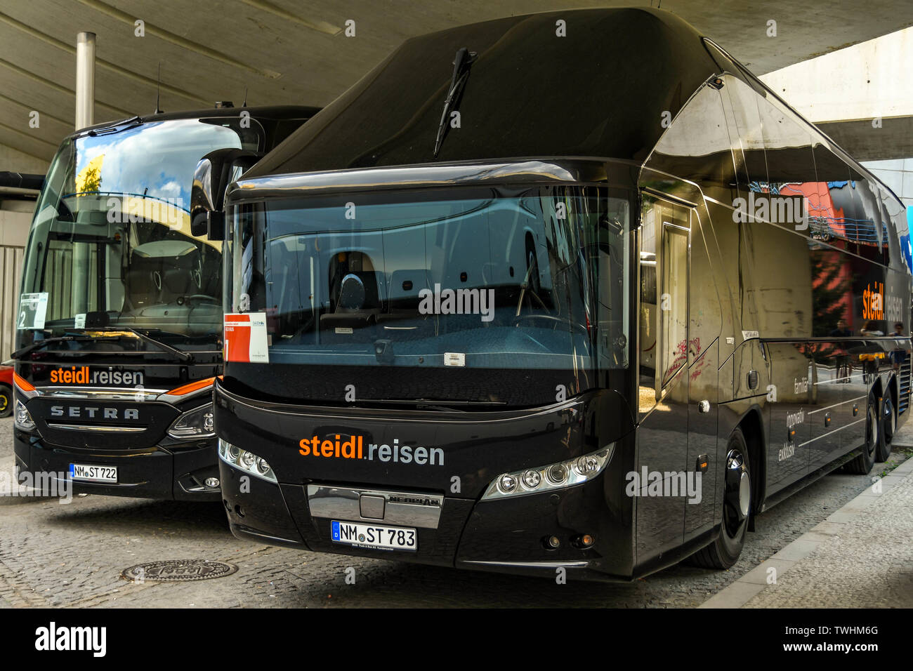 PRAGUE, CZECH REPUBLIC - JULY 2018: Luxury motor coaches parked ...