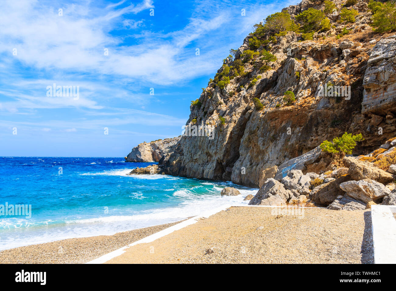 View of idyllic Achata beach and azure sea, Karpathos island, Greece ...