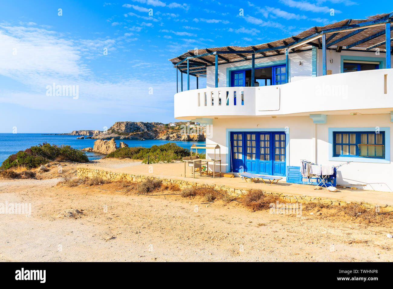 White Greek taverna on sea coast of Karpathos island, Greece Stock ...