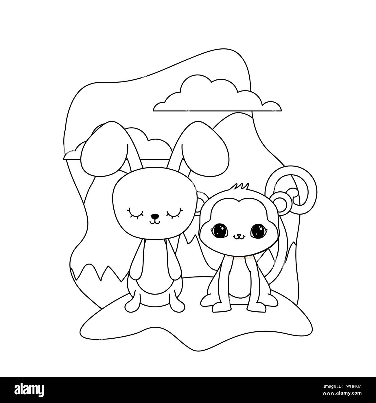 cute rabbit with monkey animals in landscape vector illustration design ...
