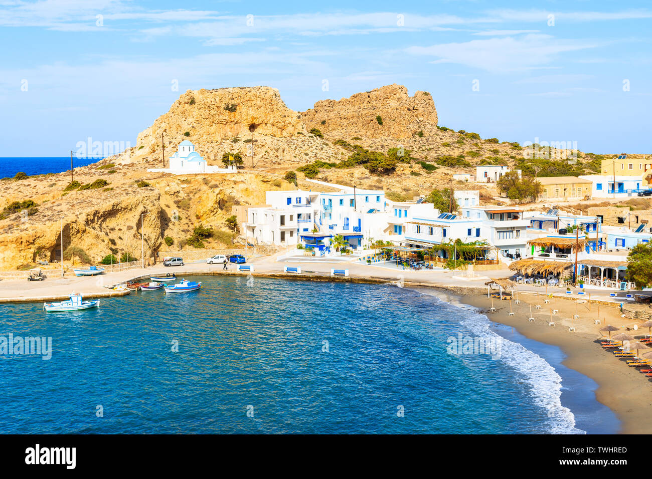 View of bay and beach in Finiki port, Karpathos island, Greece Stock ...
