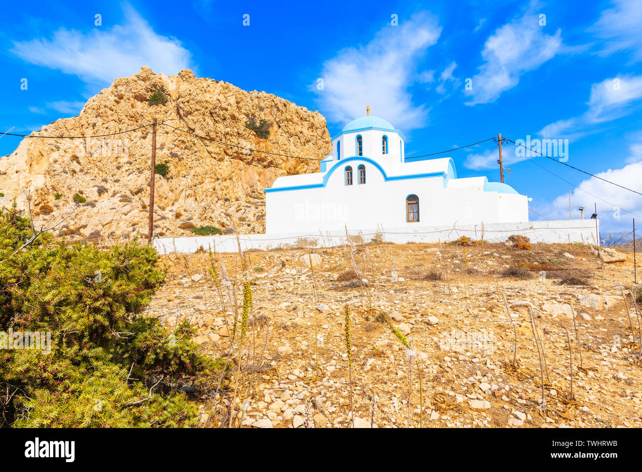 Traditional white church in Finiki port, Karpathos island, Greece Stock ...