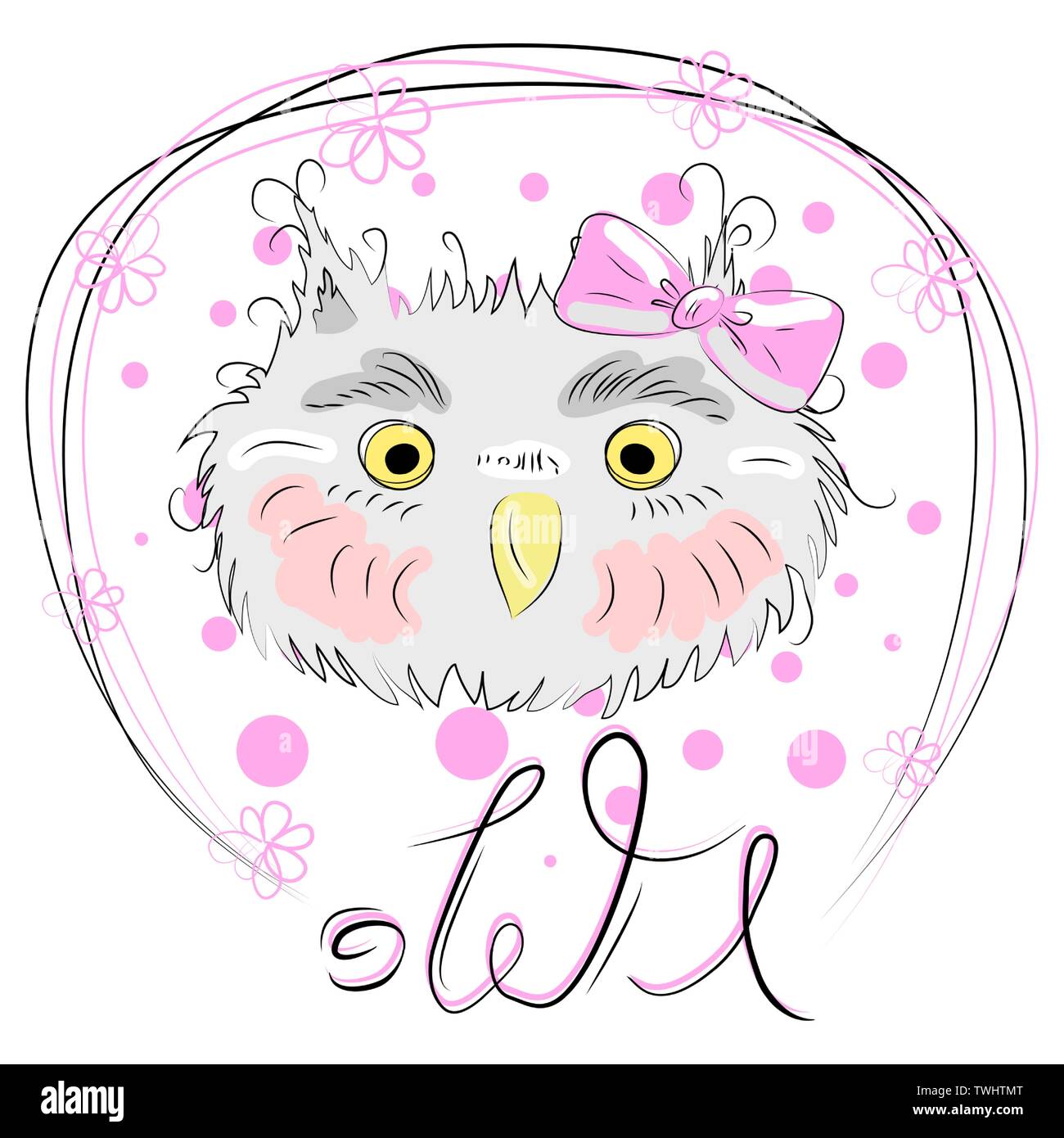 Cute owl face in a floral frame with a bow, owl, design, trendy, gray ...