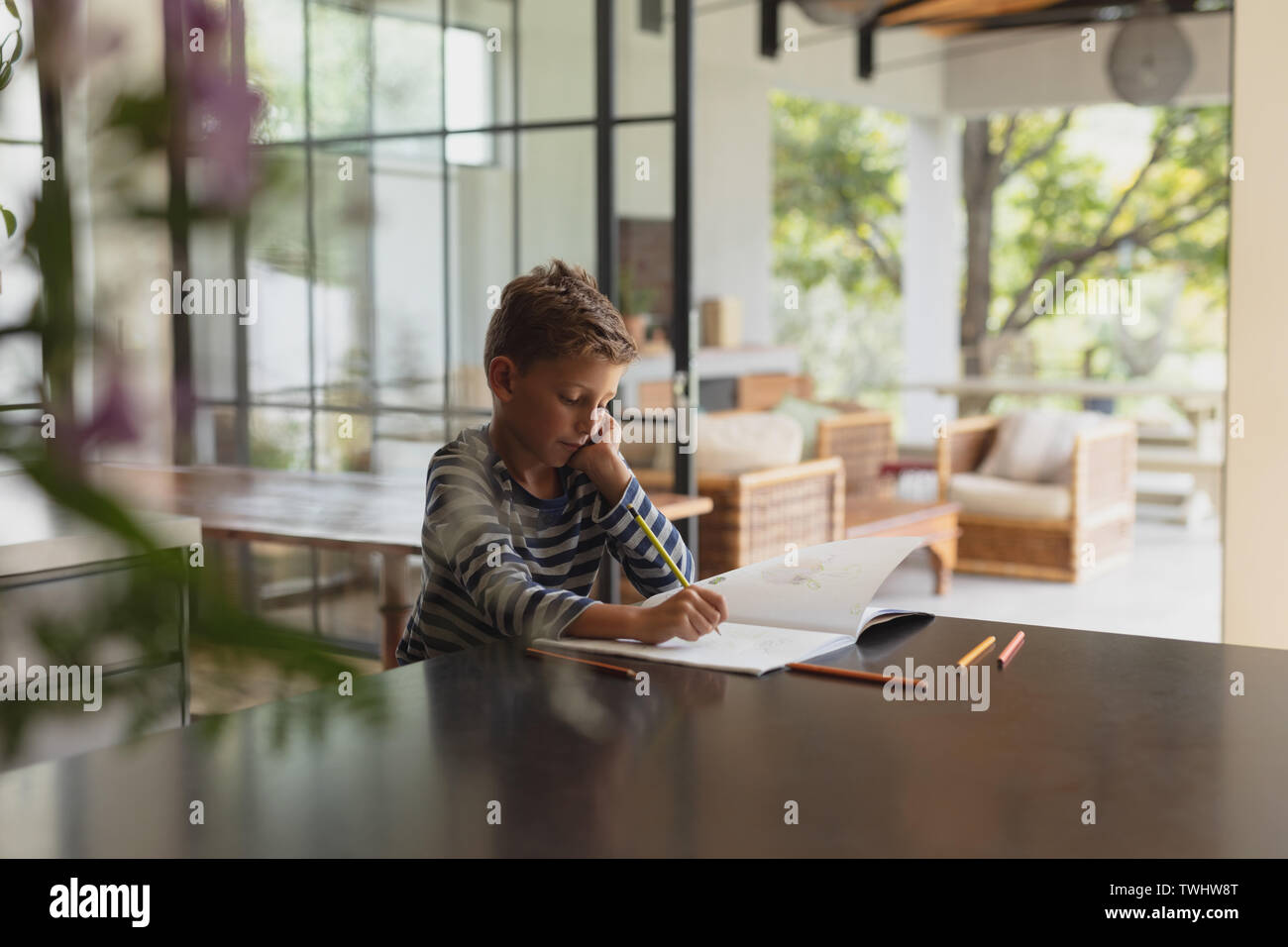 Boy studying table in kitchen hi-res stock photography and images - Alamy