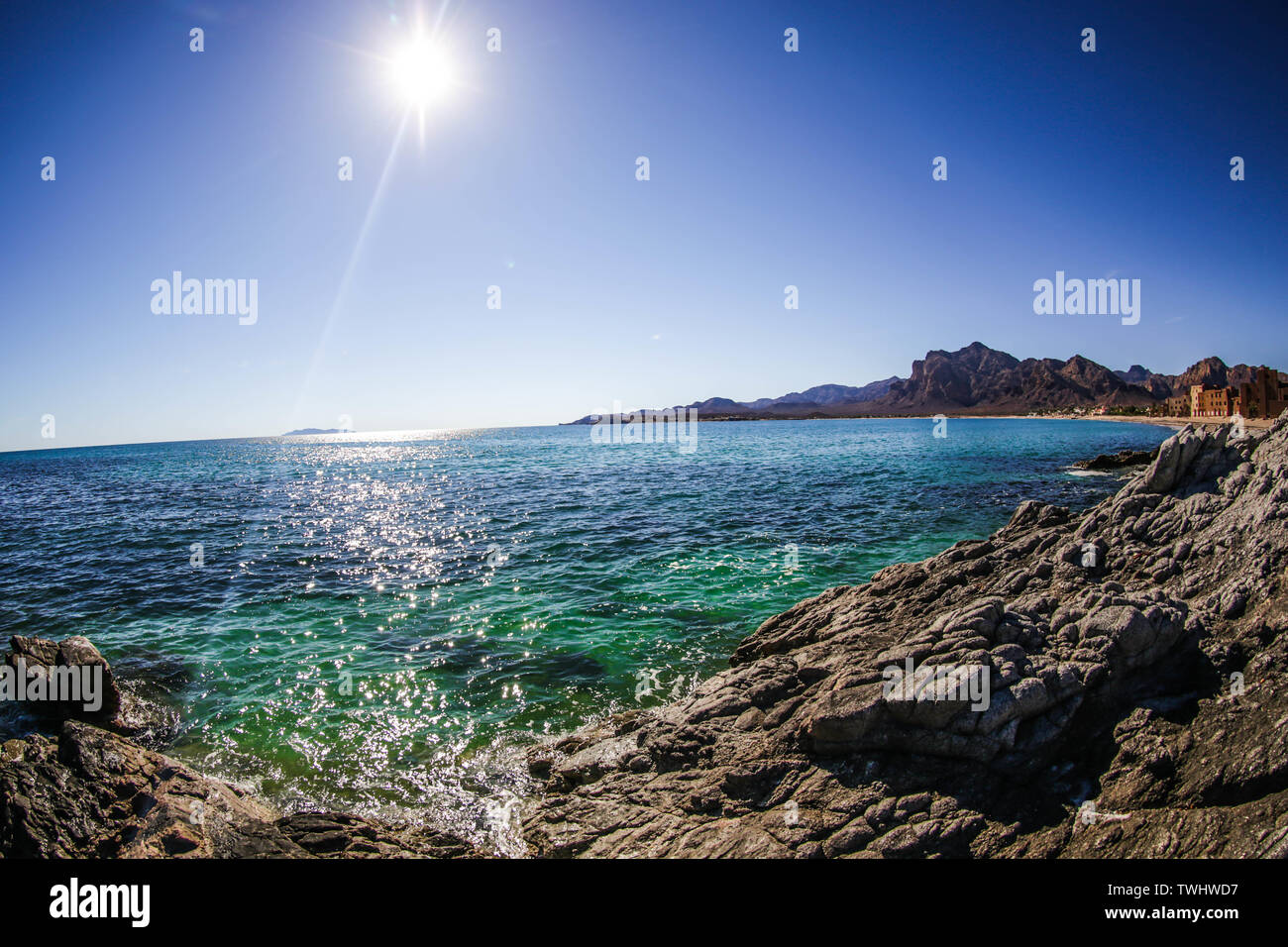sun rays and blue sky. Beach. Bay of San Carlos, Sonora, Mexico. Gulf ...