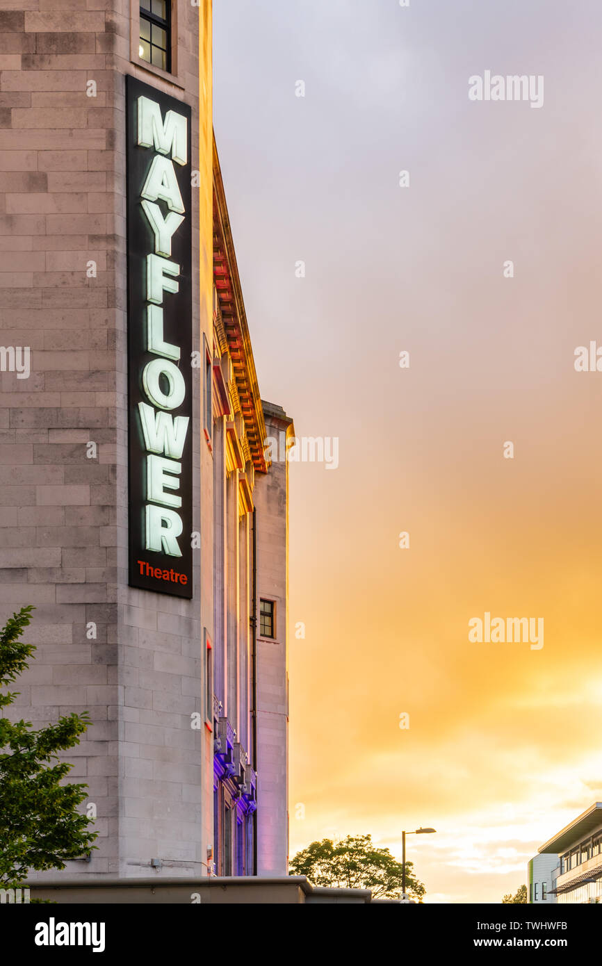 Illuminated "Mayflower" sign on the side of the Mayflower theatre ...