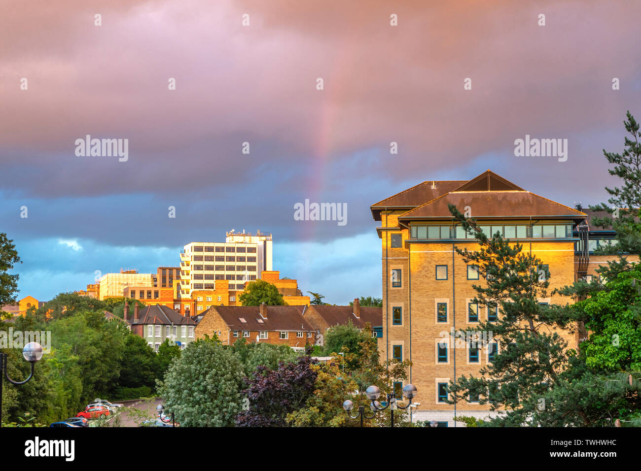 A faint rainbow over the Polygon area in the city centre of Southampton ...