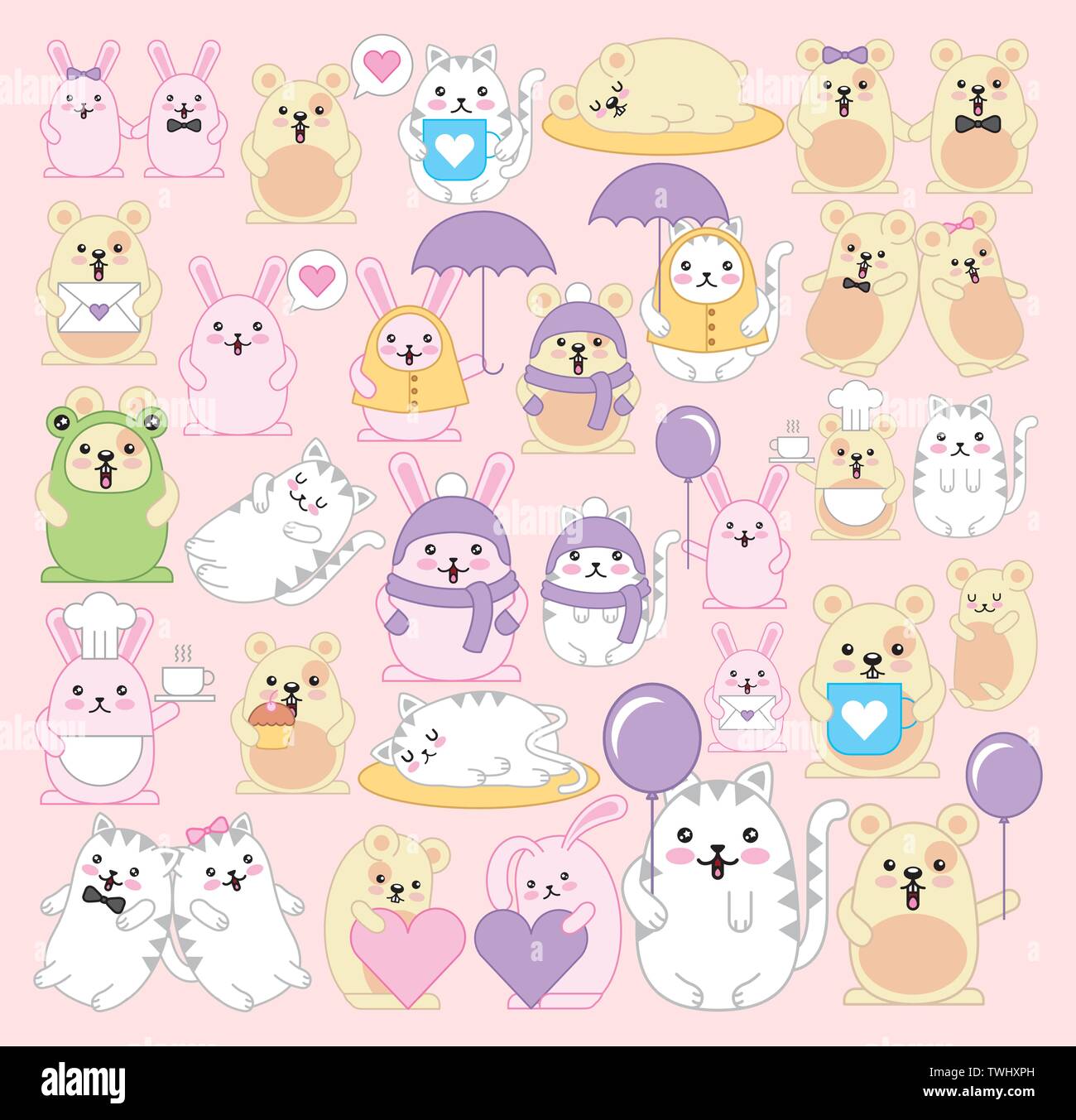 bundle of mouse with cats and rabbits kawaii characters Stock Vector ...