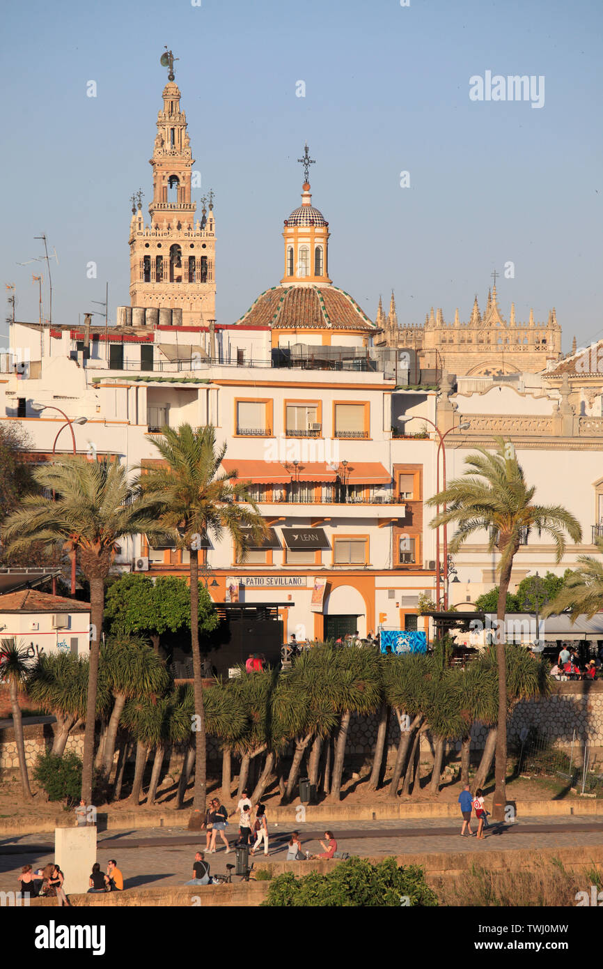 Spain; Andalusia; Seville; skyline, riverside promenade, people Stock ...