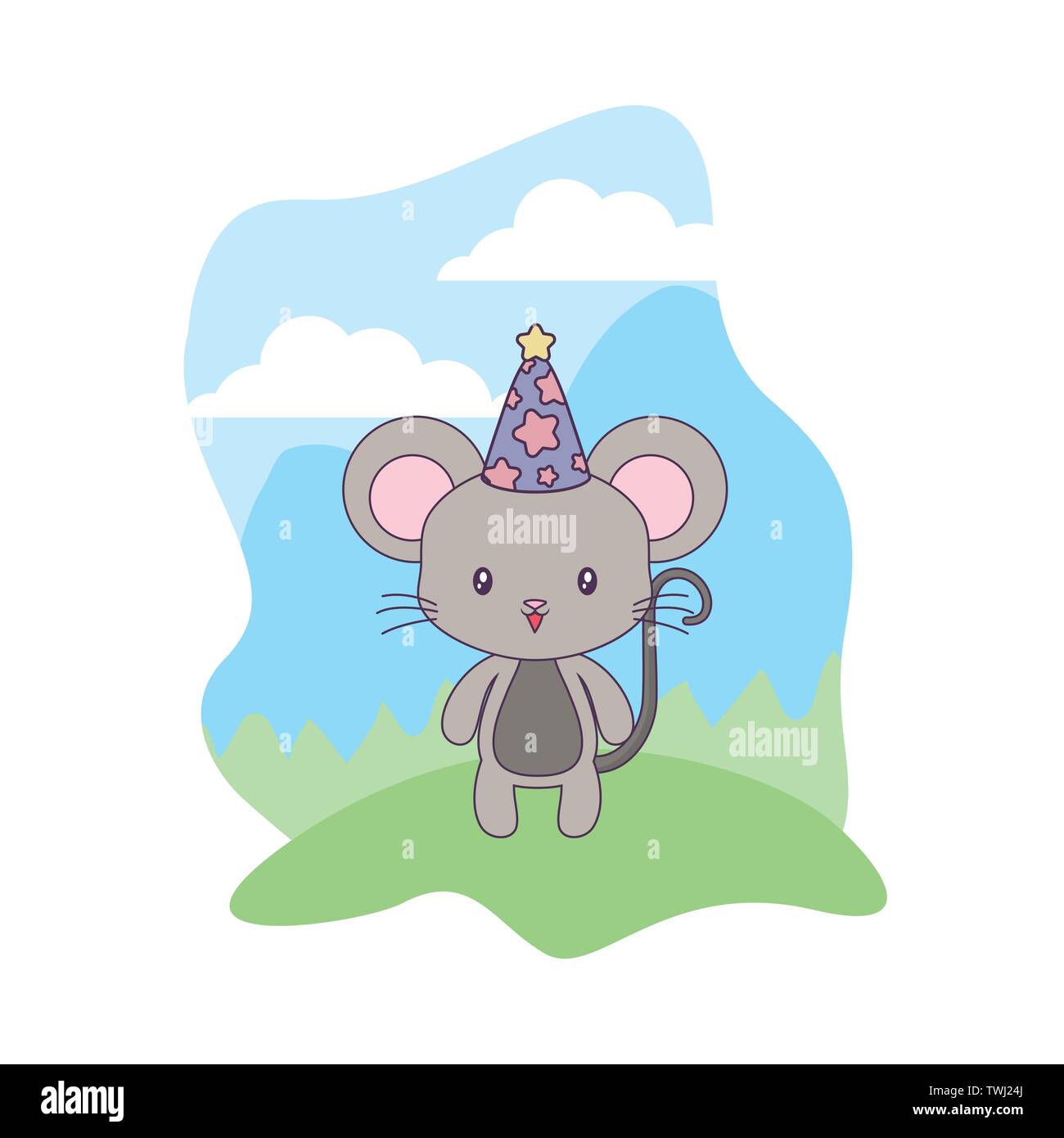 cute mouse animal with hat party in landscape vector illustration ...