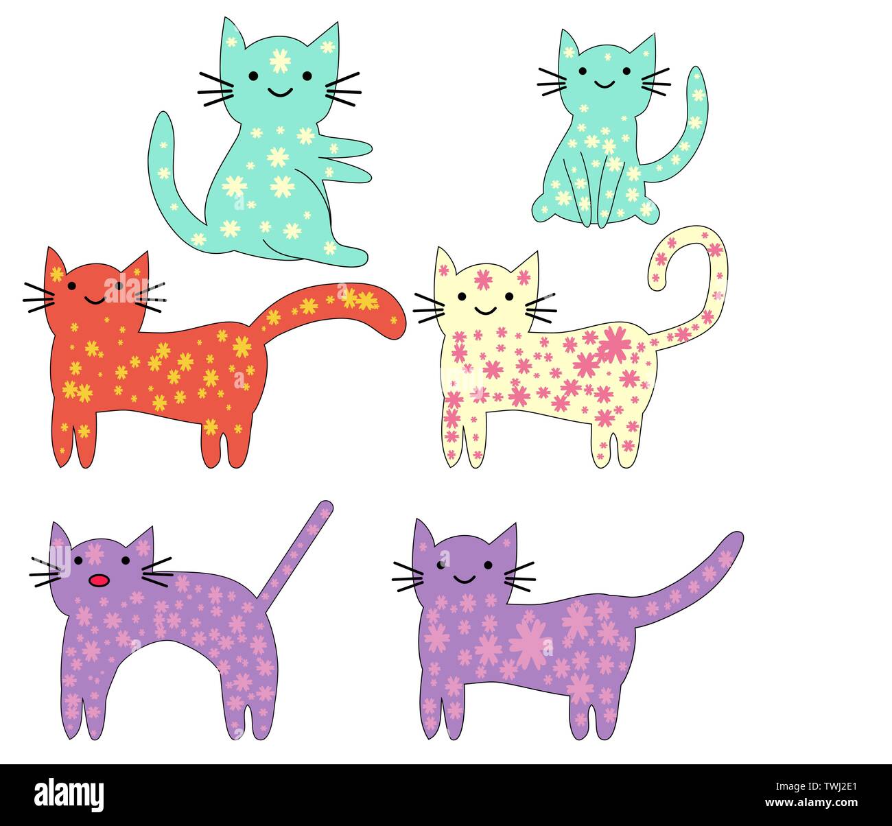 Set of cute cats in simple design for kid's greeting card design, t ...