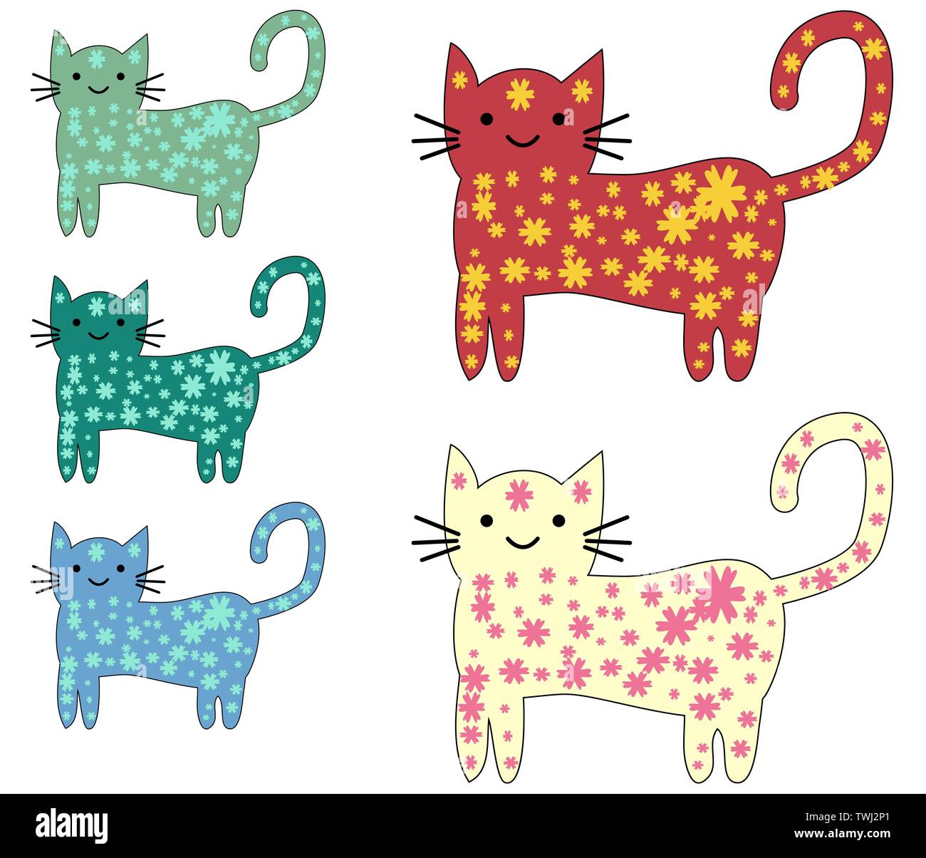 Set of cute cats in simple design for kid's greeting card design, t ...