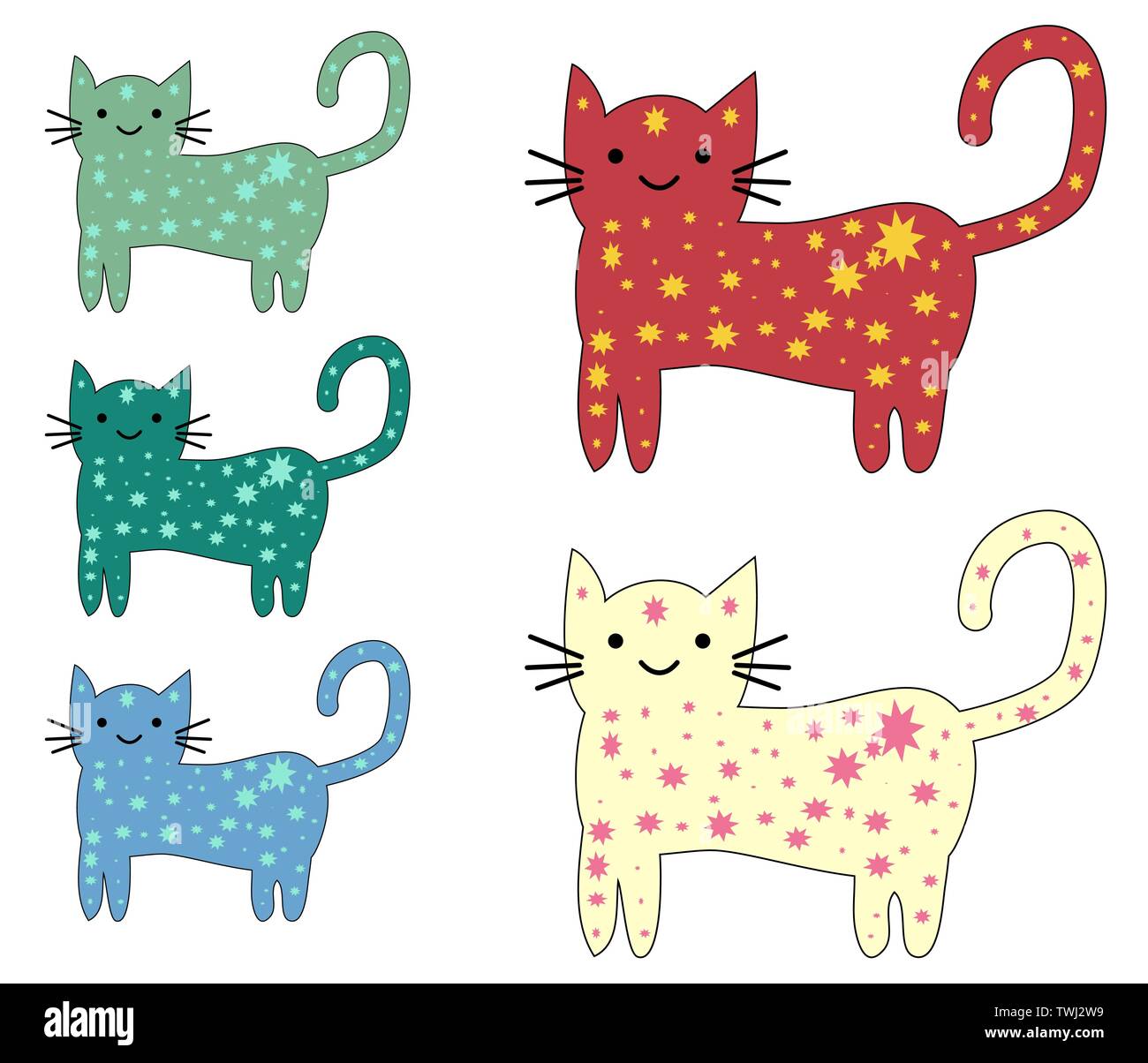 Set of cute cats in simple design for kid's greeting card design, t ...