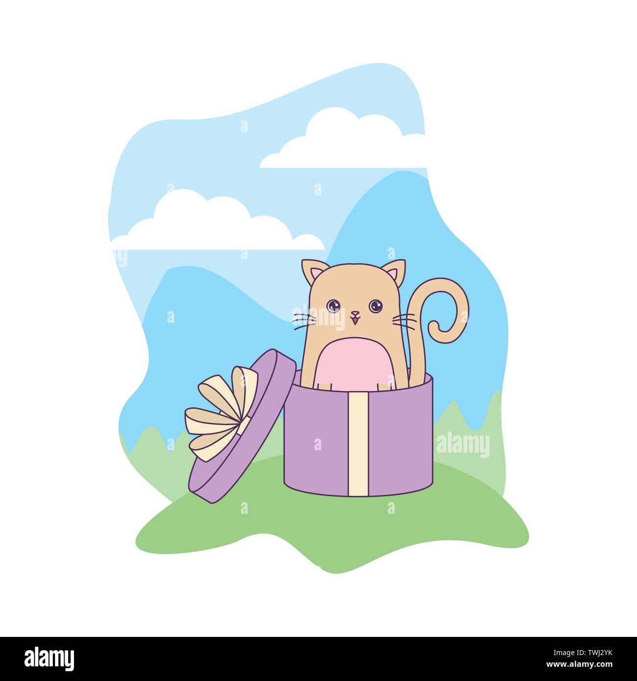 cute cat animal in gift box in landscape vector illustration design ...