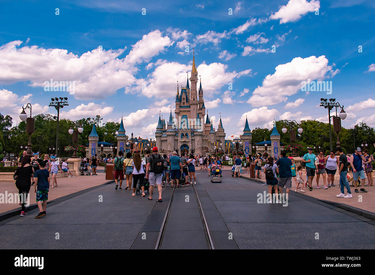 Orlando, Florida. May 10, 2019. Panoramic view of Cinderella Castle on ...