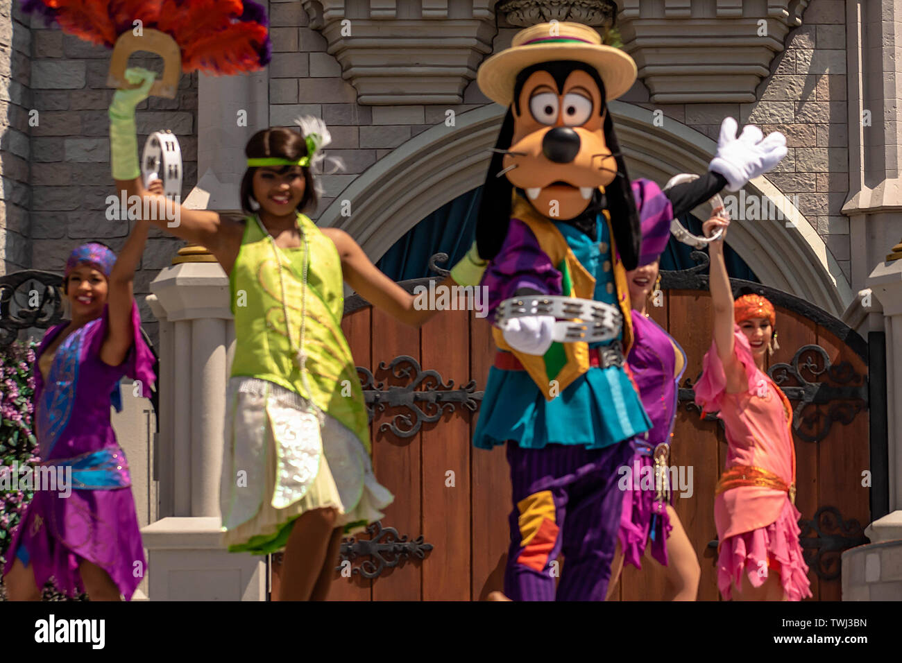 Orlando, Florida. May 10, 2019. Goofy dancing with The princess and the ...